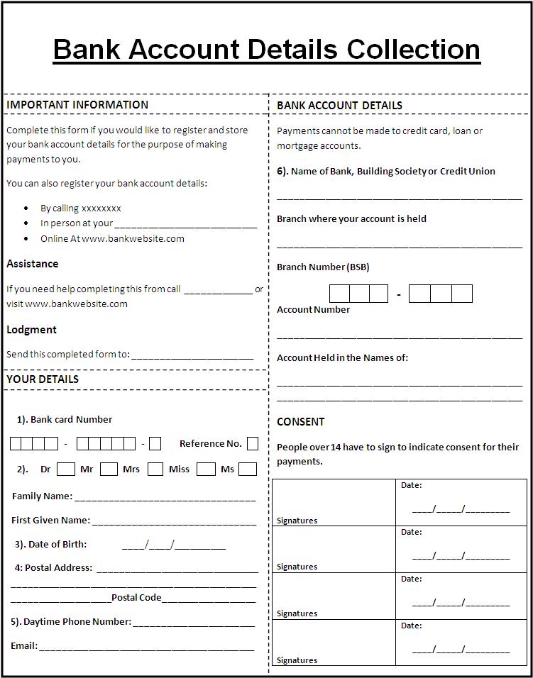 Bank Account Form Template Free Printable Word Templates 